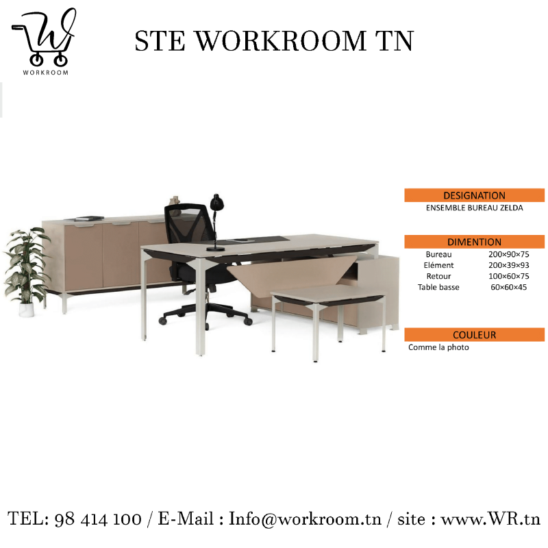 ENSEMBLE BUREAU ZELDA AVEC RETOUR TABLE BASSE ET ELEMENT EN TUNISIE